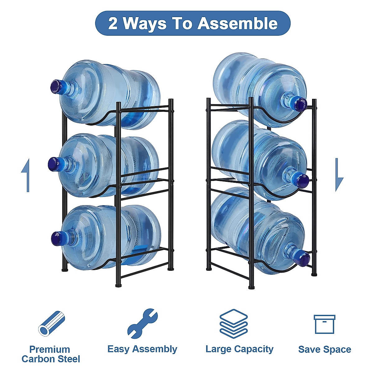 smusei 5 Gallon Water Bottle Jug Holder 3 Tier Heavy Duty Cooler Jug Storage Rack Detachable Bottle Organizer Shelf for Home Kitchen Office Space Save, Black