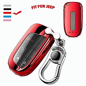 K LAKEY Key Fob Cover,Fit for Jeep Bottons Remote Key Grand Cherokee Renegade Compass Dodge Durango Journey Charger Challenger Key Fob,Smart Key Fob Soft TPU Case Shell with Alloy Keychain Red