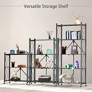 Yuanjimi 4 Tier Foldable Storage Shelf with Wheels, Heavy Duty Garage Shelving Unit Loads 600 LBS, Metal Steel Collapsible Shelves, Rolling Standing Utility Rack for Kitchen, Pantry, Office, Dark Grey