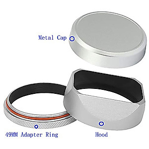 Haoge Square Metal Lens Hood for Fuji Fujifilm FinePix X100V X100F X100 X100S X100T X70 Camera Accessories Silver with Cap and 49mm Adapter Ring Kit