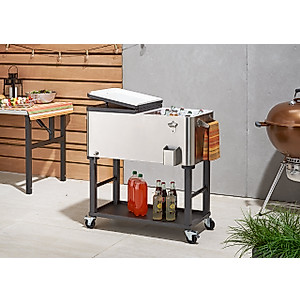 TRINITY Stainless Steel Beverage Cooler and Ice Chest with Wheels and Built-in Bottle Opener, Rolling Cart with Shelf for Patio, Outdoor Bar, and Catering, Detachable Tub, 80 Quart Capacity