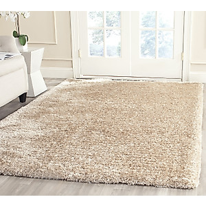 SAFAVIEH South Beach Shag Collection Area Rug - 8' x 10', Champagne, Handmade, 1.8-inch Thick Ideal for High Traffic Areas in Living Room, Bedroom (SBS562C)