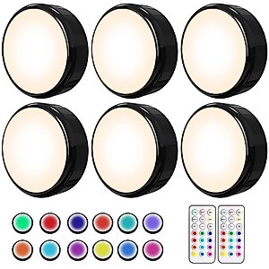HELPLEX Puck Lights with Remote, Colors Changeable LED Puck Light Battery Powered Dimmable Under Cabinet Lights Wireless Under Counter Light RGBW Push Light, Timing & Memory Function, Black, 6 Pack
