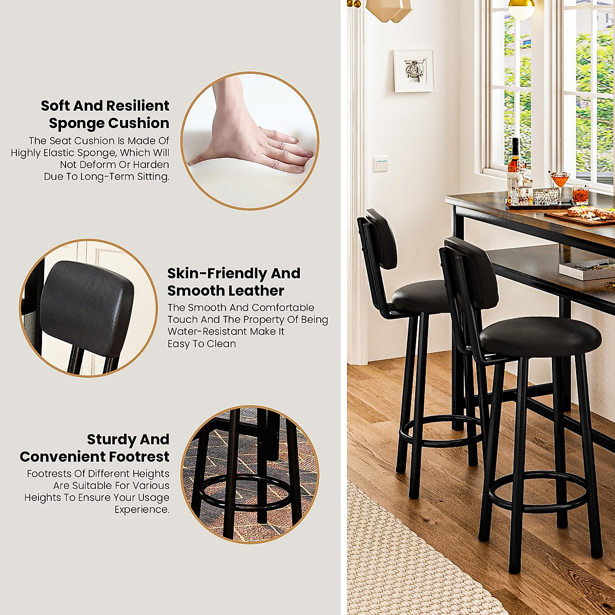 DKLGG 47" Bar Table and Chair Set, Small Kitchen Counter Dining Table Set for 2, 3 Piece Bar Height Table with 2 Stools & Storage, Pub Table Dining Set for Breakfast Nook, Small Space