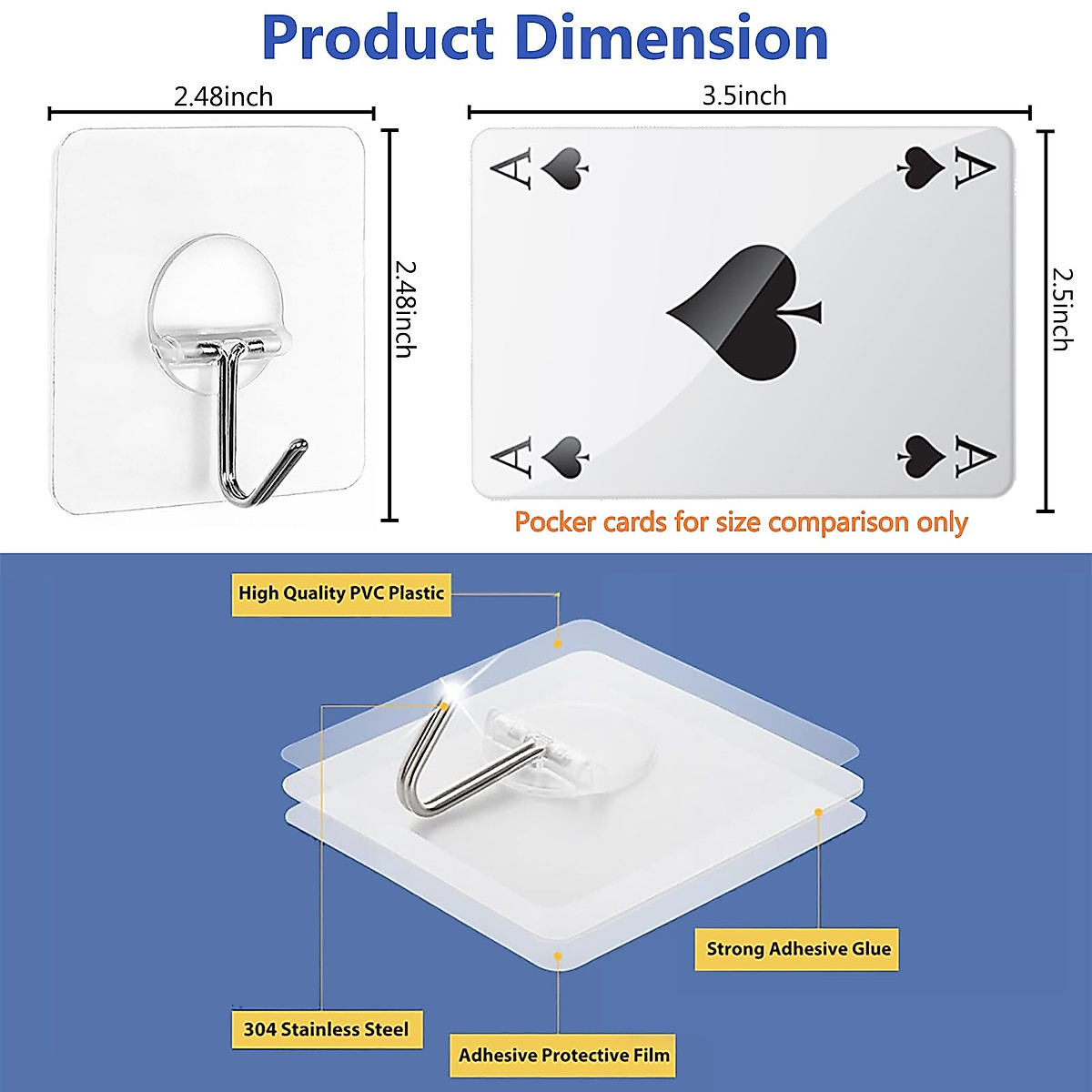 JINSHUNFA Wall Hooks 13lb(Max) Transparent Reusable Seamless Hooks,Waterproof and Oilproof,Bathroom Kitchen Heavy Duty Self Adhesive Hooks,8 Pack
