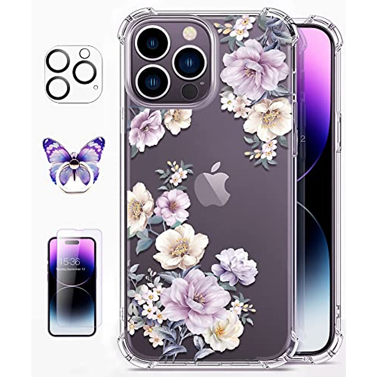 ROSEPARROT Designed for iPhone 14 pro max Case with Tempered Glass Screen Protector + Camera Lens Protector, Clear with Floral Pattern Design, Shockproof Protective Cover （Anemone Blooms）