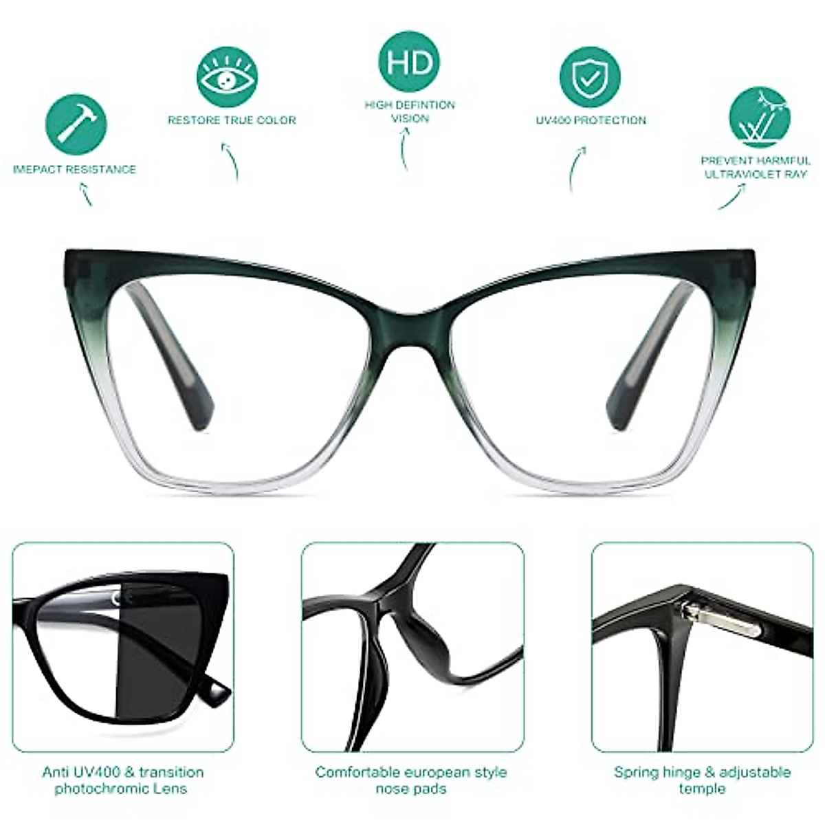 Oversized Reading Glasses Women Cat Eye Photochromic Computer Reader Stylish Ladies Designer Fashion Big Unbreakable Eyewear 2Pack Black & Dark Green +2.25x