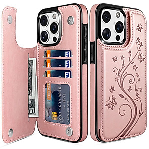 iMangoo for iPhone 15 Pro Max Case Wallet Credit Card Holder Slot,iPhone 15 Pro Max Case Women Cute Flower Pattern PU Leather Magnet Clasp Flip Cash Sleeve Phone Cover for iPhone 15 Pro Max Rose Gold
