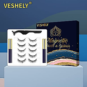 VESHELY Natural Magnetic Eyelashes with Eyeliner Kit,5 Pairs Short Small Magnetic Eyelashes Natural Look and 2 Tubes Magnetic Eyeliner Waterproof,3D False Fake Lashes Magnetic Reusable-No Glue Needed