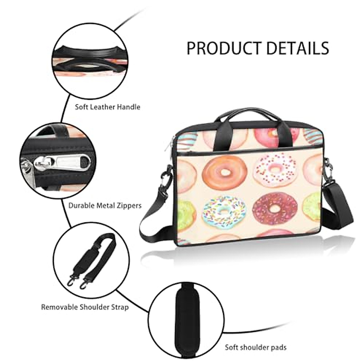 Donuts Laptop Computer Bag Waterproof Shoulder Messenger Bag 13-15 inch Durable Laptop Tote Bag with Shoulder Strap Handle Lightweight Crossbody Briefcase