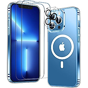 Temdan Magnetic for iPhone 13 Pro Max Case, [Compatible with MagSafe],[Anti-Yellowing][Glass Screen Protector+Camera Lens Protector] Slim Thin Shockproof Phone Case-Clear