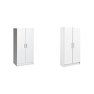 Prepac Elite 2 Door Wardrobe Cabinet, 32" W x 65" H x 20" D, White & Elite 2 Door Standing Storage Cabinet, 16" D x 32" W x 65" H, White