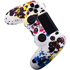 Silicone Cover Skin Case Shell for PS4 Sony Playstation 4 Slim/Pro Dualshock 4 Controller Cover with Pro Thumb Grips x 8 (Graffiti-White)