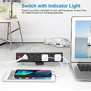 HHSOET Desk Power Strip with Switches, Clamp Outlet Strip Surge Protector, Clip on 1.7 inch Desktop Edge with 6 Outlet, Mountable Desk Outlet Removable Power Plugs, 6FT Extension Cord. (Black)