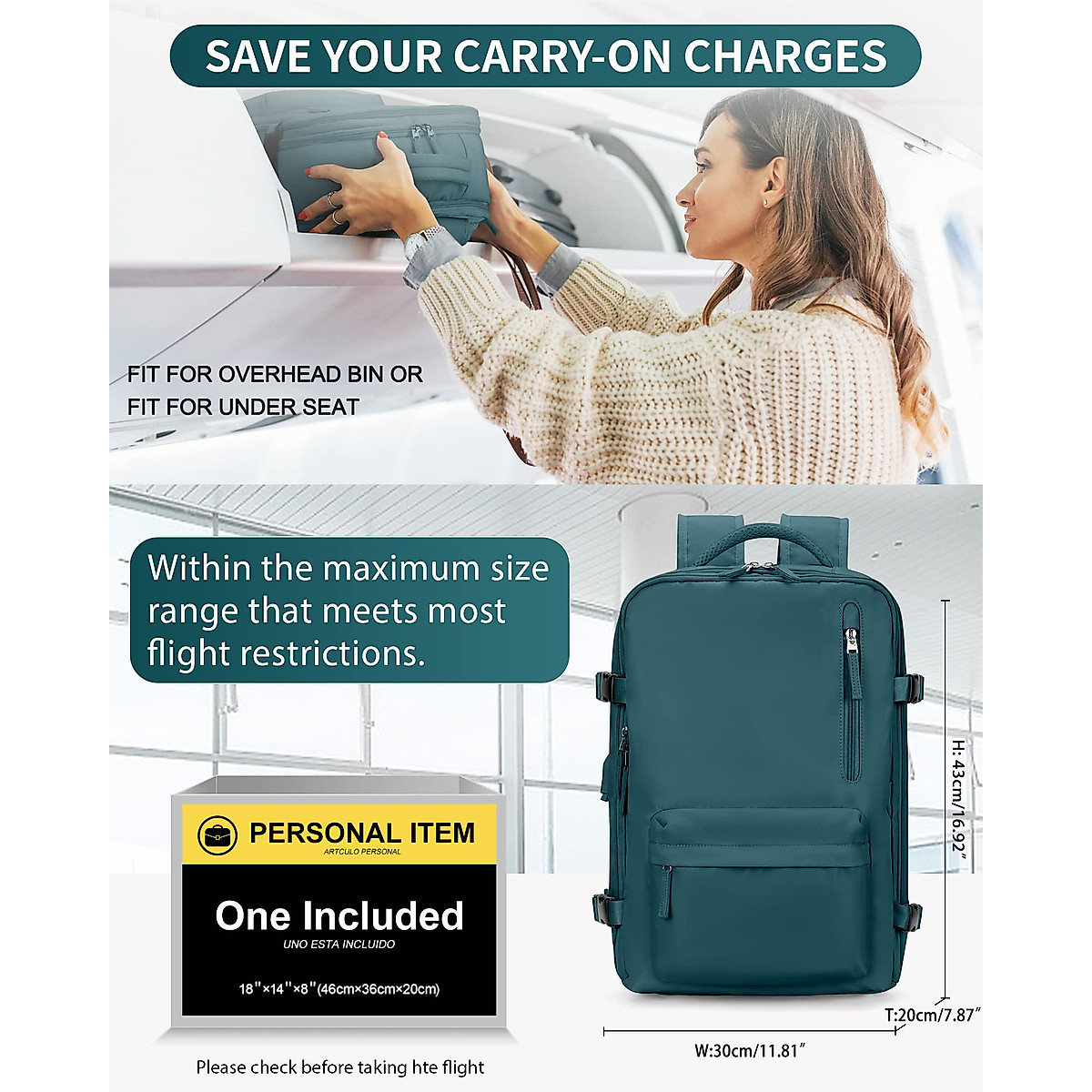 VECAVE Travel Backpack,Carry On Backpack for Women,Airline Flight Approved Waterproof 14 Inch Laptop Backpack with Shoe Compartment Casual Daypack Backpacks PeacockBlue