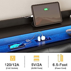 HAUSOURCE Full Bed Frame with Storage Headboard & Footboard Upholstered Platform Bed with LED Lights USB Ports & Outlets No Box Spring Needed