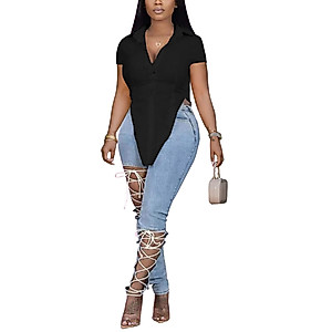 LYANER Women's V-Neck Collar Short Sleeve Slit Hem Button Front Long Shirt Blouse Top Solid Black XXX-Large