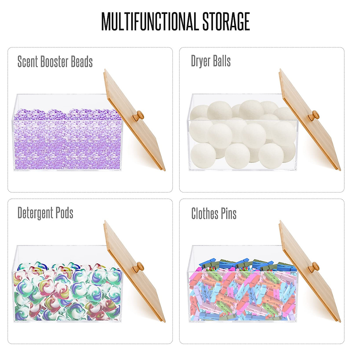 JYPS Acrylic Dryer Sheet Holder Container with Bamboo Lid for Laundry Room Decor Organization and Storage, Clean Dryer Sheet Detergent Pods Dispenser Box with Dryer Sheet Label