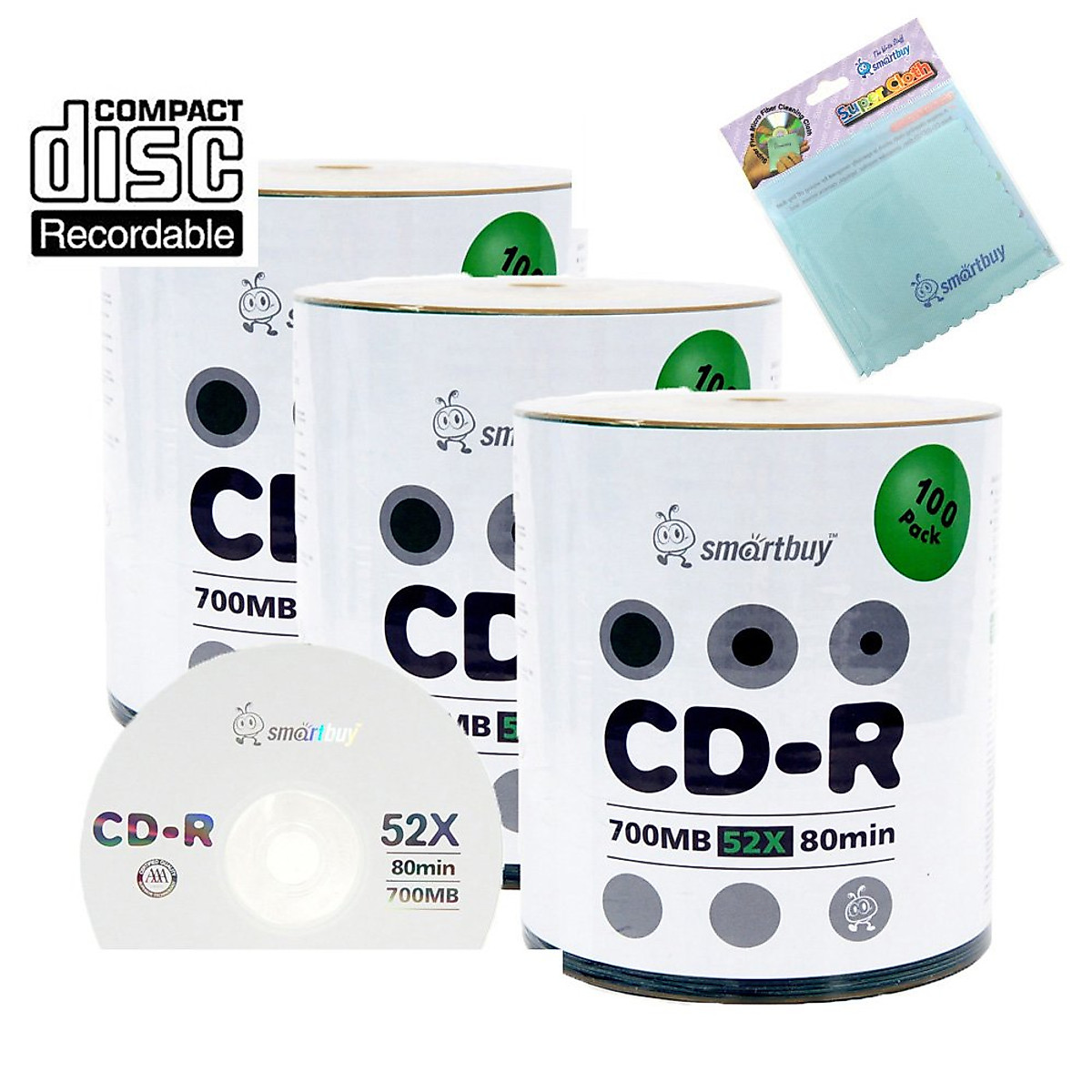 Smartbuy 300-disc 700mb/80min 52x CD-R Logo Top Blank Recordable Disc + Free Micro Fiber Cloth