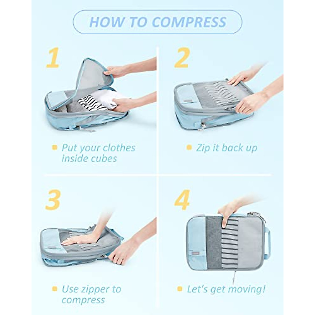 Compression Packing Cubes for Suitcases, BAGSMART 4 Set Travel Organizer Cubes for Travel Essentials, Expandable Luggage Suitcase Organizer Bags Set, Lightweight Packing Organizers as Travel Accessories for Women / Men