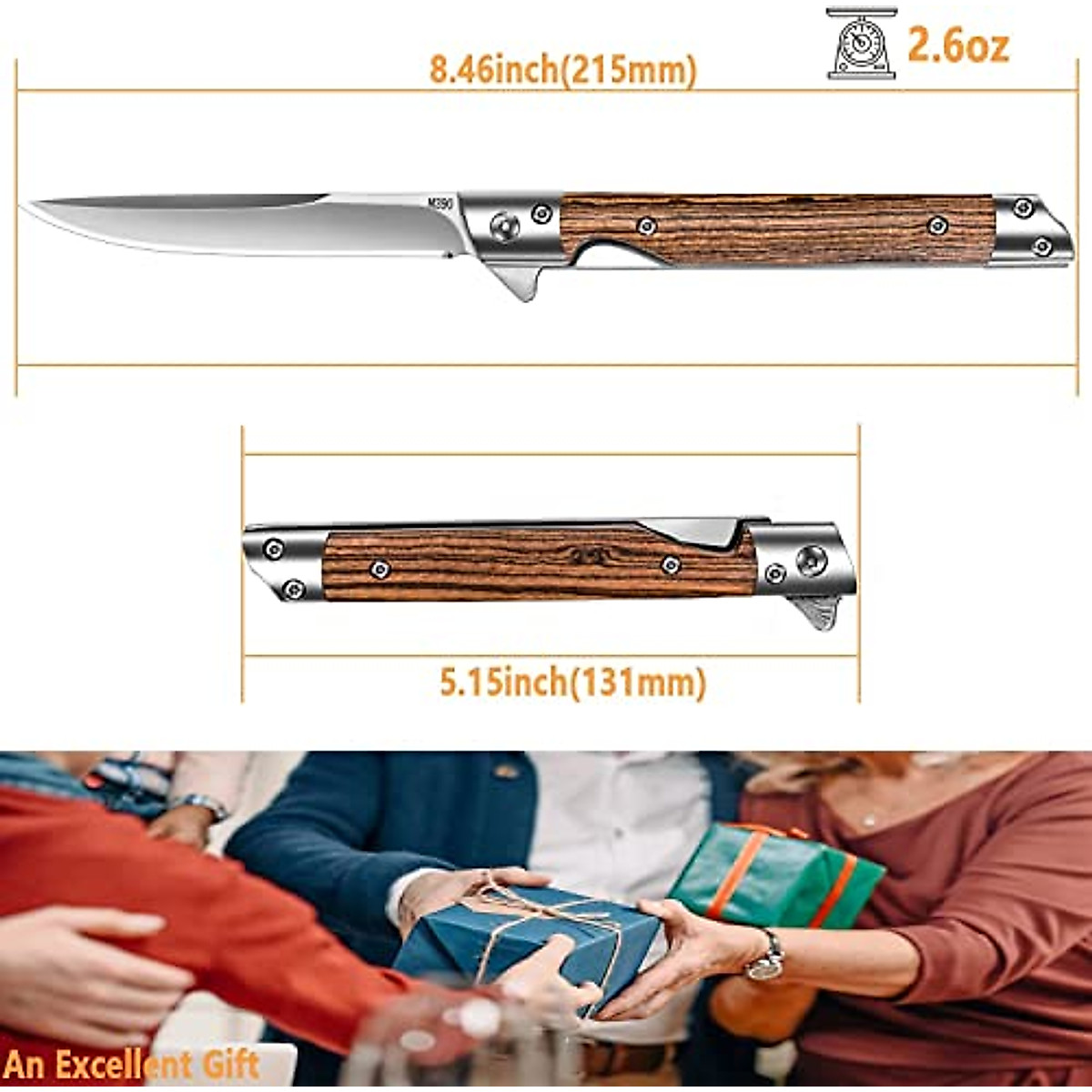 URiver Gifts for Dad from Daughter Son,Anniversary Birthday Gift for Husband Boyfriend,Pocket Knife,Sandalwood Handle Pocket Knife for Camping,Fishing,Hiking or Favorites(Sanding)