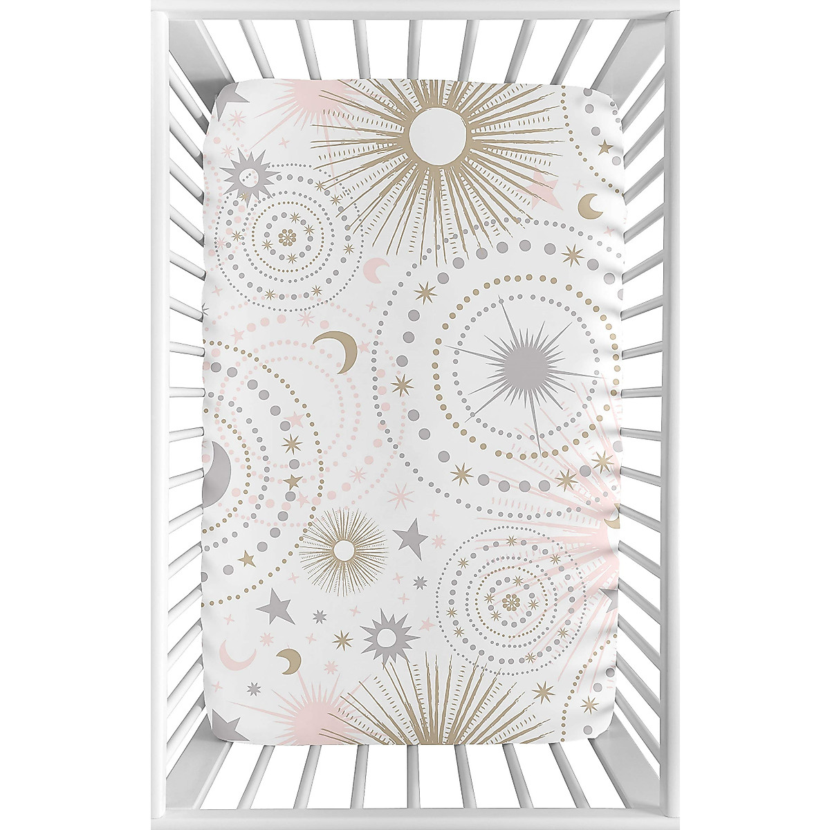 Sweet Jojo Designs Blush Pink, Gold, Grey and White Star and Moon Baby Girl Fitted Mini Portable Crib Sheet for Celestial Collection - for Mini Crib or Pack and Play ONLY