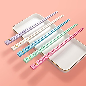 HELERKOL 5 Pairs Fiberglass Multicolor light color Chopsticks Carved Gold Glitter Patch Chopsticks Reusable Non-Slip Lightweight Chinese Japanese Korean Chopsticks Dishwasher Safe, 9.6 Inch long