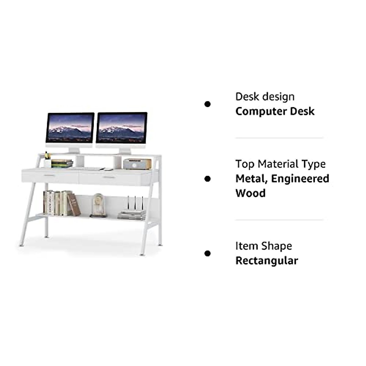 Tribesigns Computer Desk with Storage Shelf & Drawers, Modern 47 inch Office Writing Desk Study Table with Monitor Stand Riser for Home Office Use (White)
