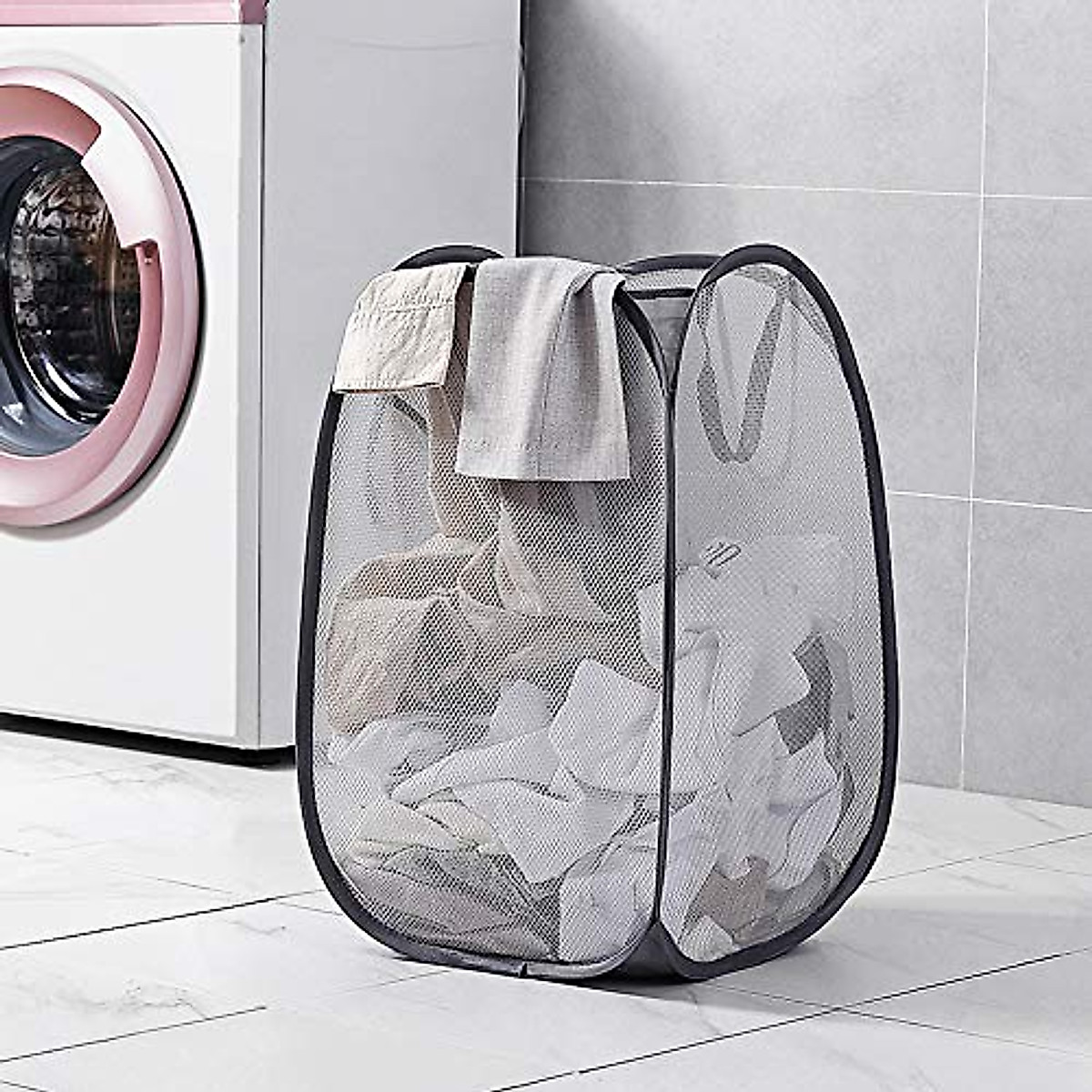 Jkhome Square Pop Up Laundry Mesh Hamper Collapsible Dirty Clothes Sorter Basket Bag Home, Foldable, Mesh, Durable Handles, Holds 2 Loads (1, Grey)