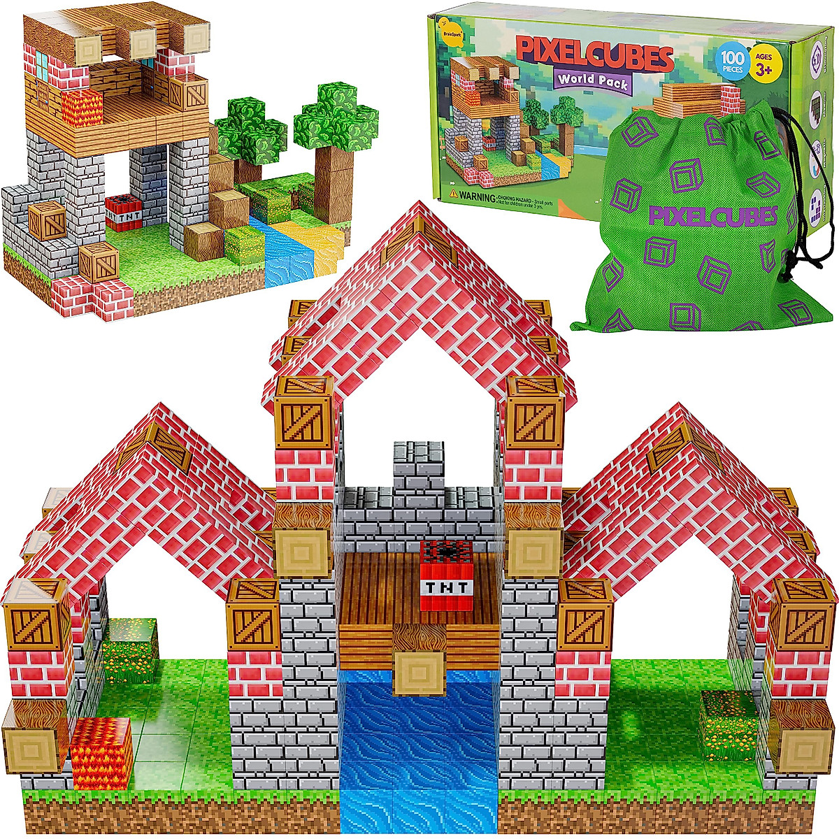 BrainSpark 100PCS Magnetic Pixel Cubes World Pack Edition Magnet Building Blocks STEM Montessori Stacking Toys for Toddlers Construction Toy Fidget Boys Girls Ages 3-9