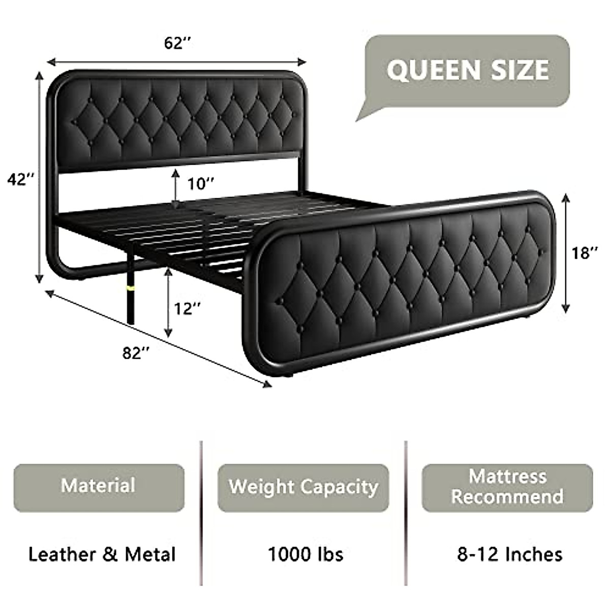 Feonase Queen Bed Frame with Rhombus Button Tufted, Oval-Shaped Metal Platform Bed with Faux Leather Headboard, Strong Slats Support, 12" Under-Bed Storage, Noise-Free, Easy Assembly, Black