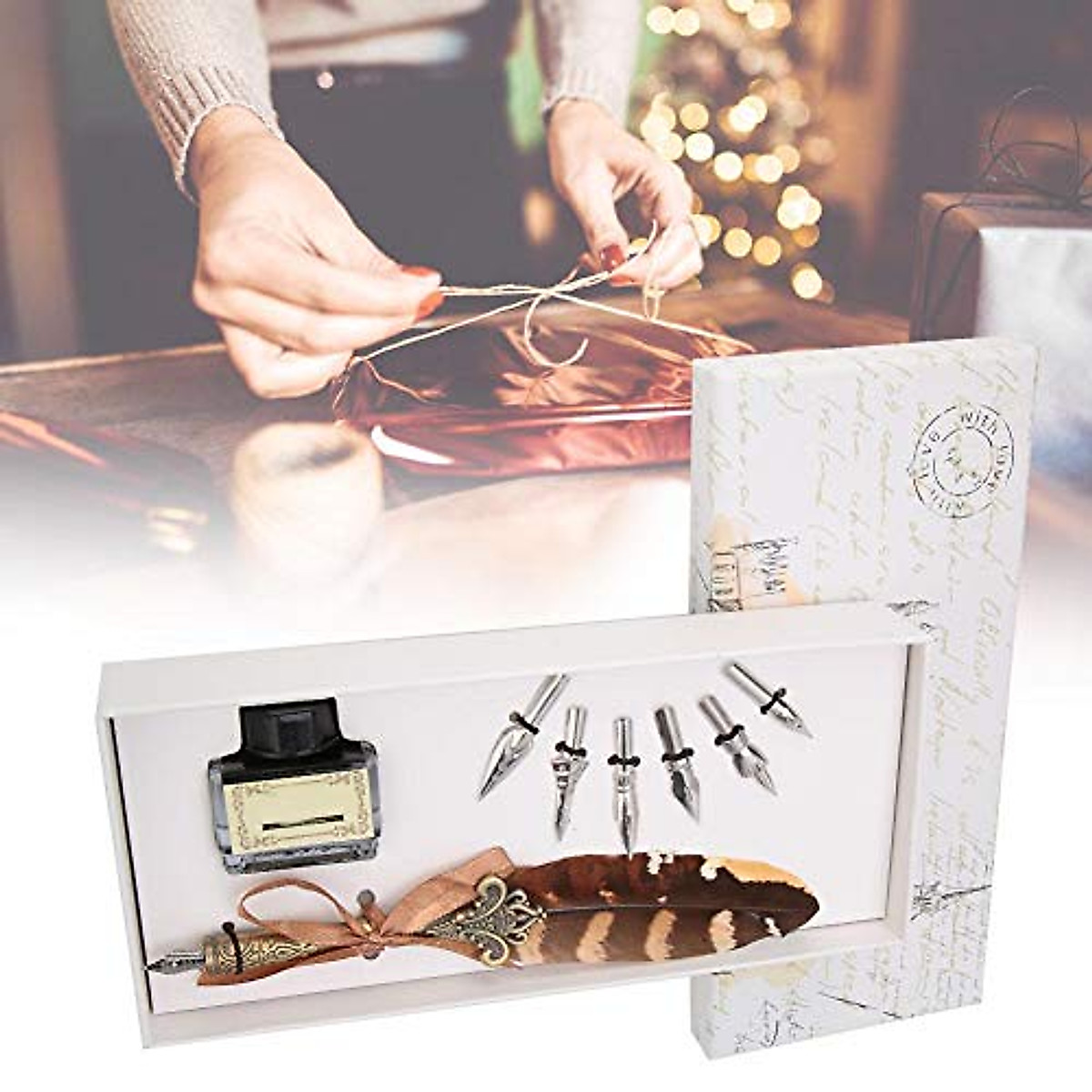 Wal front Quill Pen, European Retro Style Dip Pen Calligraphy Pen Set with 5pcs Stainless Steel Nibs Office Writing Instrument