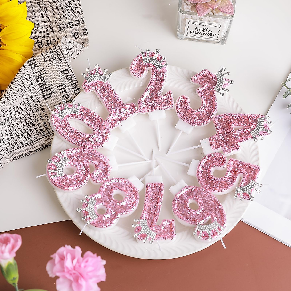 Birthday Number Candles,Pink Crown Birthday Candles for Cake,Glitter Number 5 Candle Cake Topper with Sequins for Girls,Women, Anniversary Celebrations Supplies (Pink 5)