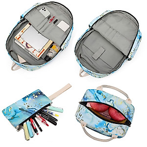 Pawsky Waterproof School Backpack Set Fits 14" Laptop Backpack Daypack College School Bookbag with Lunch Box and Pencil Case (Marble-Blue)