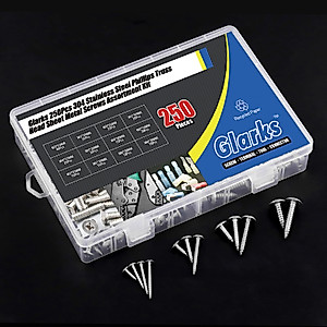 Glarks 250Pcs M3 M4 M5 M6 Metric 304 Stainless Steel Phillips Truss Head Sheet Metal Tek Screws Assortment Kit, 12 Sizes 12-30mm Pan Head Self Tapping Wood Screws Set
