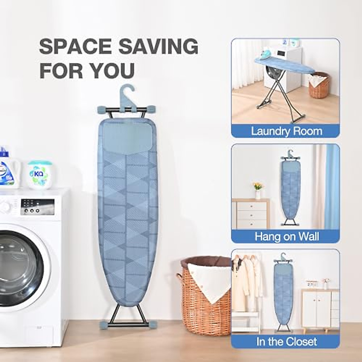 APEXCHASER Ironing Board with Iron Rest, Compact and Space Saver Iron Board, Extra Thick Cover, Height Adjustable, Wall Mount & Closet Hanger 13x43 Blue