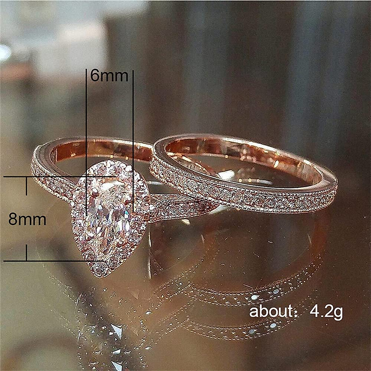 2 Pcs High Luxury Jewelry 18K Rose Gold Shiny Full Diamond AAA Pear Cut Teardrop Cubic Zirconia Solitaire Rings CZ Diamond Ring Set Eternity Engagement Wedding Band Set Promise Ring for Women (6)