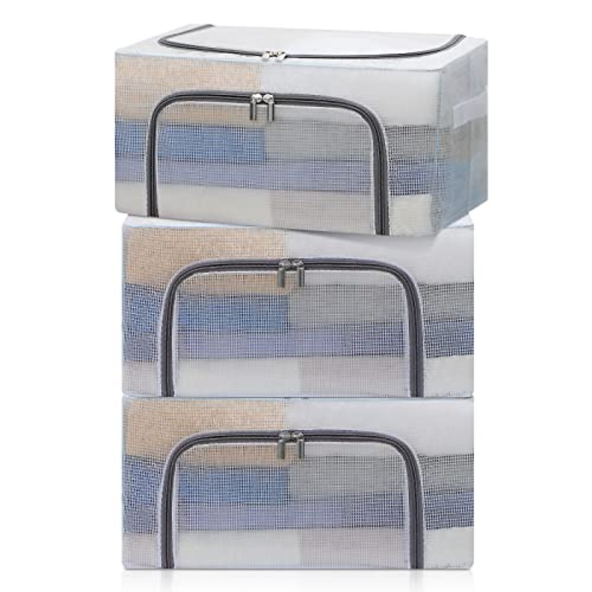 Baesyhom Clear Stackable Steel Metal Frame Clothes Storage Bins Foldable Fabric Storage Bag Closet Storage Bin Blanket Storage Container Organizer with Carrying Handles and Front Window, 3 Pack, 24L