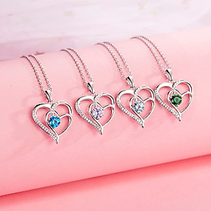 NINAMAID Birthstone Necklace for Women, Heart Necklace 18K White Gold Filled Sterling Silver Diamond Necklaces Jewelry Birthday Gifts for Women