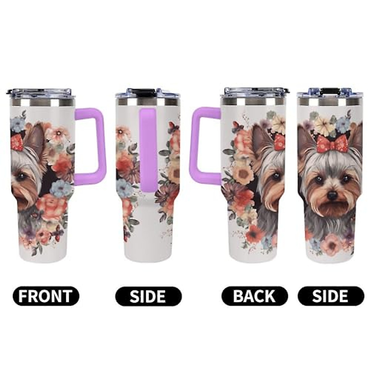 WYUSPGK 40oz Stainless Steel Car Mug, Yorkie Floral Print Travel Mug, Double-Wall Insulated with Straw, Perfect for Car, Office, Outdoor