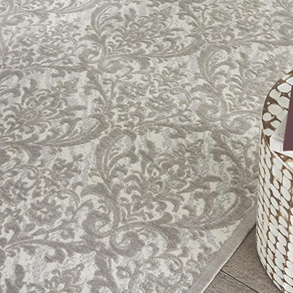Nourison Damask Vintage Ivory/Grey 5' x 7' Area -Rug, Easy -Cleaning, Non Shedding, Bed Room, Living Room, Dining Room, Kitchen (5x7)