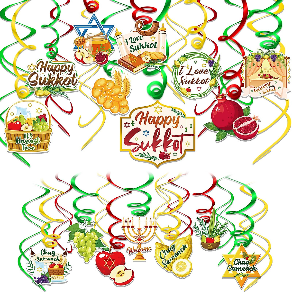 HOWAF 30pcs Happy Sukkot Hanging Swirls, Happy Sukkot Party Decoration Foil Swirls, I Love Sukkot Ceiling Swirls, Chag Sameach Harvest Hanging Streamer for Jewish Festival Holiday Party Supplies