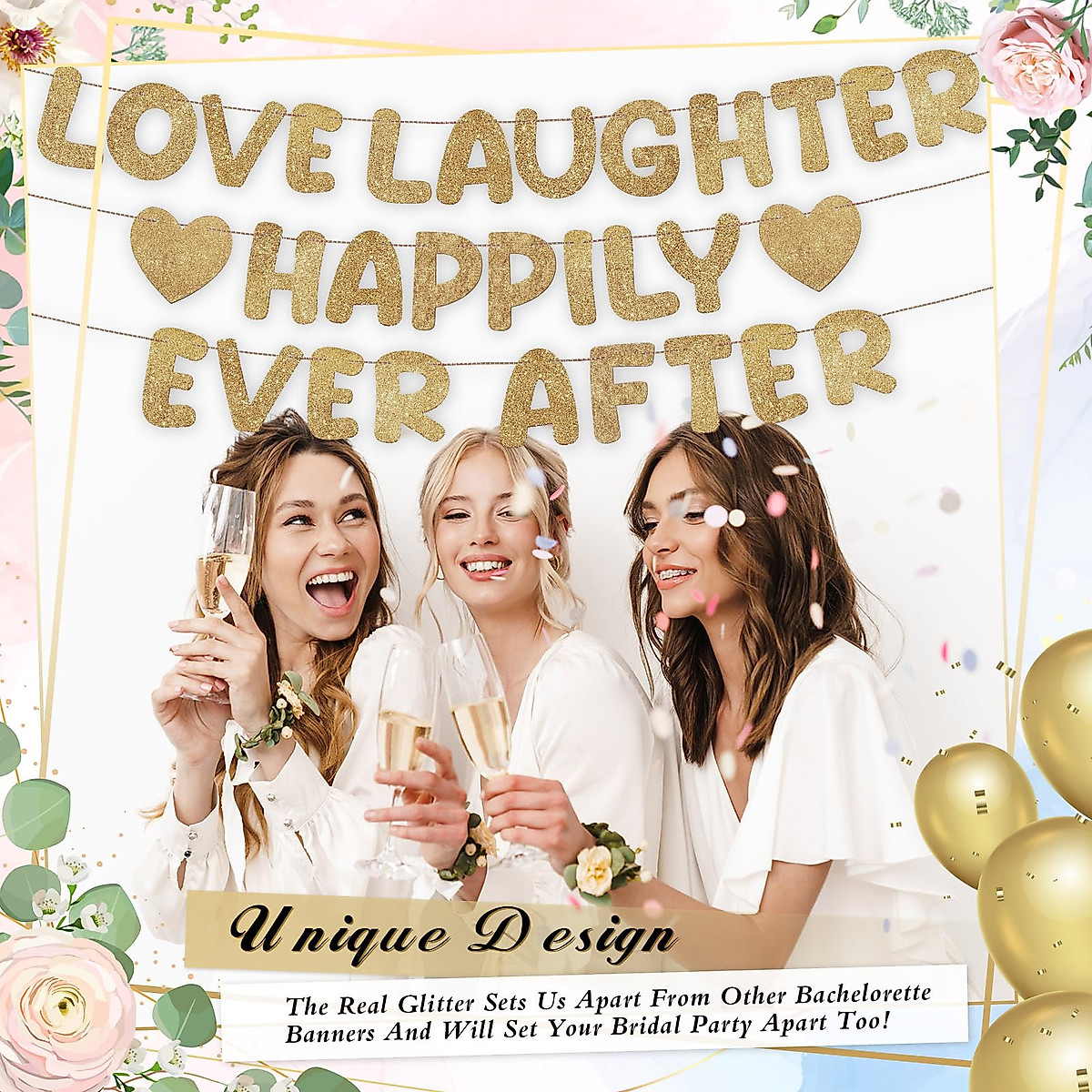 Breling Pre Strung Love Laughter Happily Ever After Banner Glitter Bridal Shower Decorations Bachelorette Party Decor for Love Married Wedding Shower Engagement Party Banner(Champagne Gold)