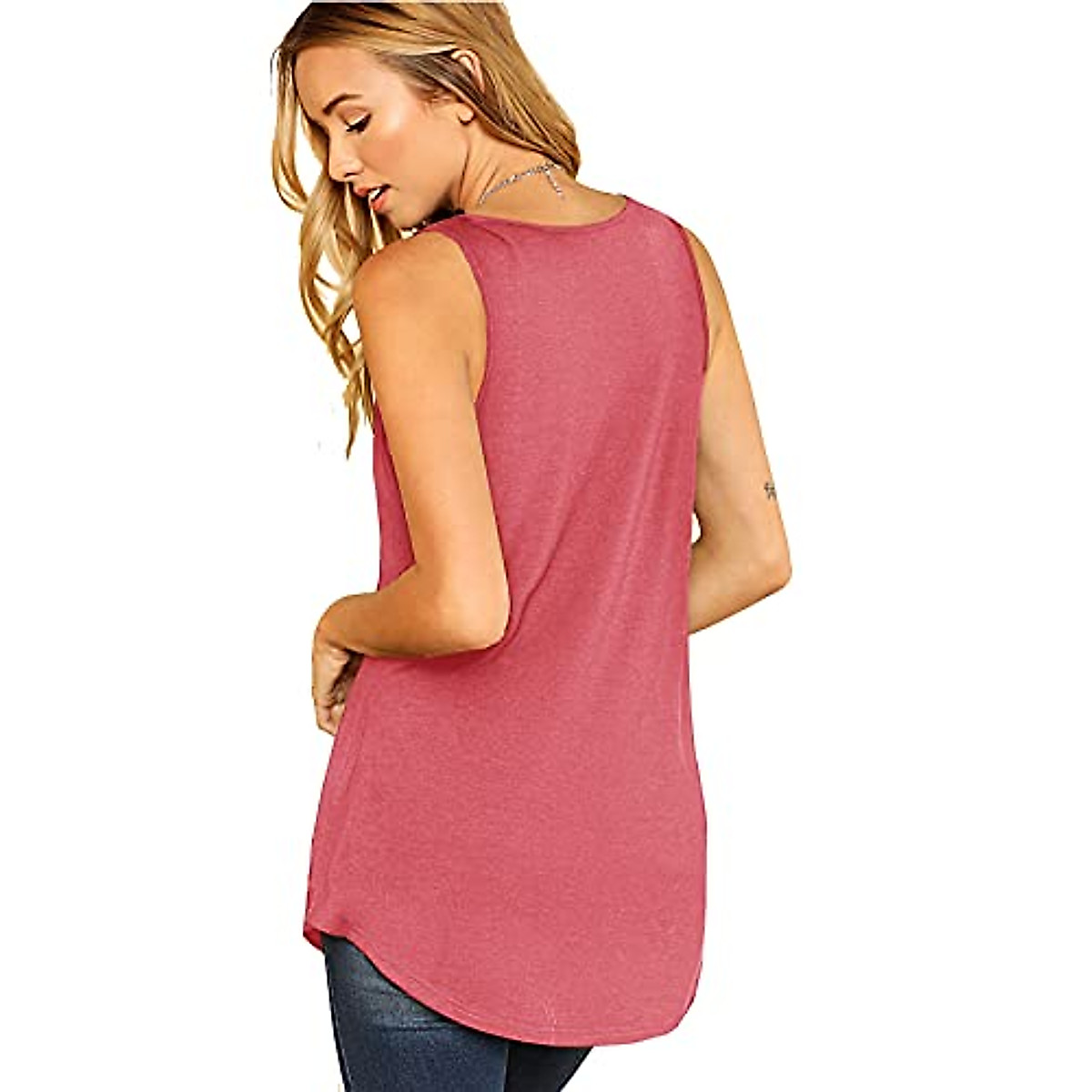 Verdusa Women's V Neck Longline Dolphin Hem Loose Tank Top Watermelon Pink XS