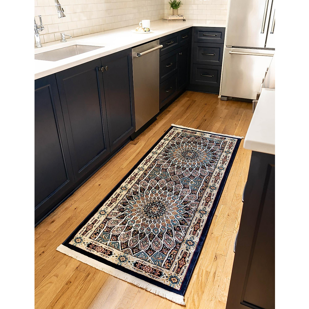 Rugs.com Rabia Collection Rug – 2' 7 x 12' Runner Navy Blue Low Rug Perfect for Hallways, Entryways