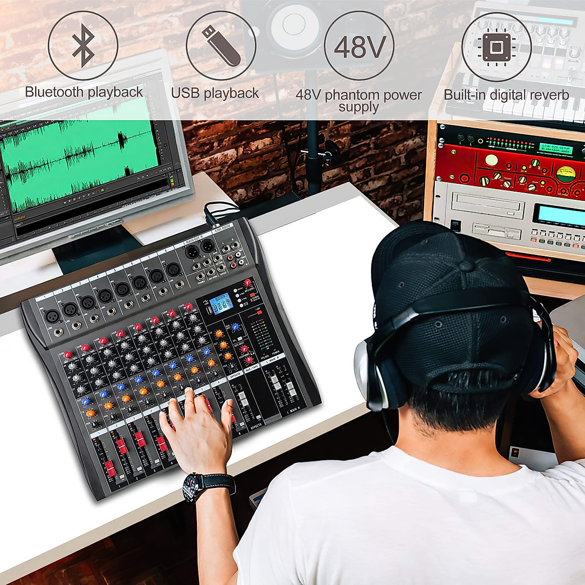 Mixers Audio 8 Channel Mixer, Dj Mixer Board Mixer Audio Bluetooth MP3 Mixer for Music With 48V Phantom Power Stereo FX Analog Digital Effects, Usb Audio Mixer for Karaoke Speakers