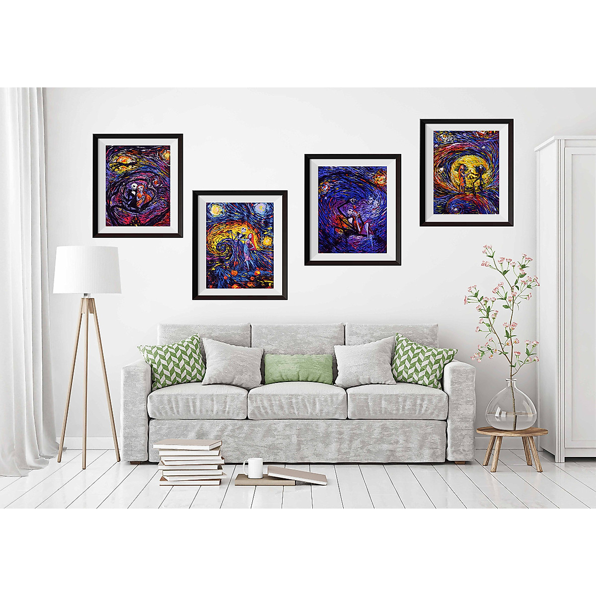 Uhomate 4 pcs Jack Sally Jack and Sally Nightmare Before Christmas Vincent Van Gogh Starry Night Posters Wall Art Wall Decor Bedroom Bathroom Artwork M038 (8X10)