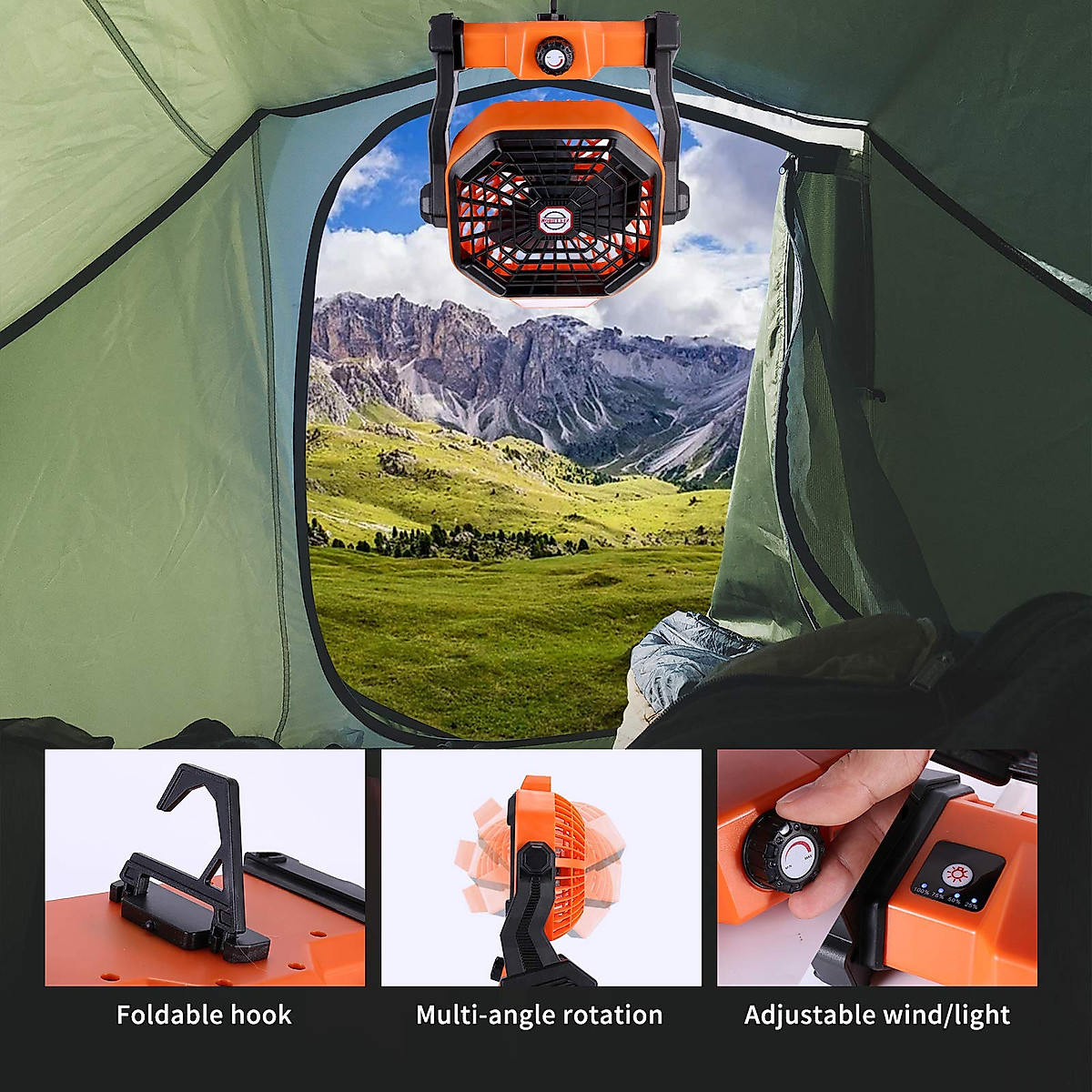 Outdoor Camping Fan with LED Lantern and Hook, Small Personal USB Desk Fan Portable Rechargeable Battery Operated Fan,Fan for Tent Camping,Cordless Travel Fan Office,Home,Table,Bedroom Traveling
