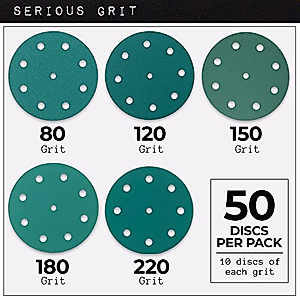Serious Grit - 5-Inch 9-Hole Sanding Discs Assortment - 80, 120, 150, 180, 220 Grit (10 of Each) - Heavy-Duty Hook & Loop Film Discs - Sandpaper for Random Orbital Sanders - 50 Pack Box