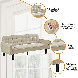 XGWIHLO Linen Fabric Futon Sofa Bed, Small Loveseat, Modern Sofa Couch Adjustable Backrests, Couches for Living Room, Small Space, Bedroom, Apartment (Beige)